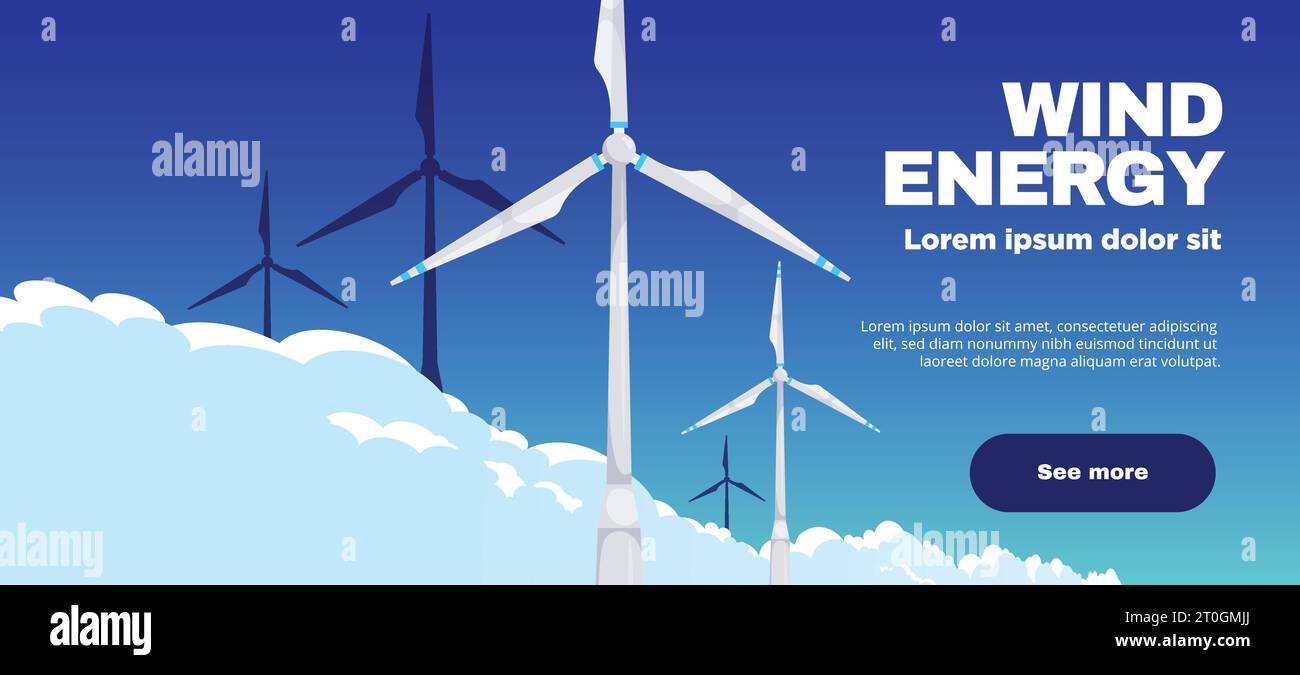 Ecology wind energy horizontal website banner with turbines on blue ...
