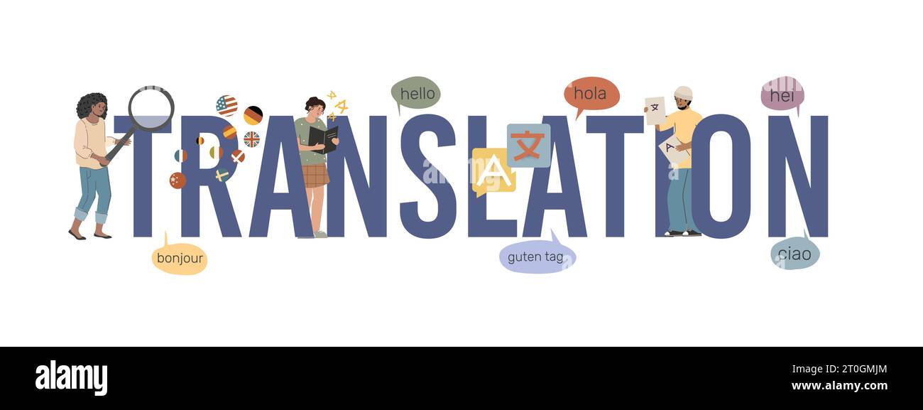 Translation service composition of flat text surrounded by doodle human ...