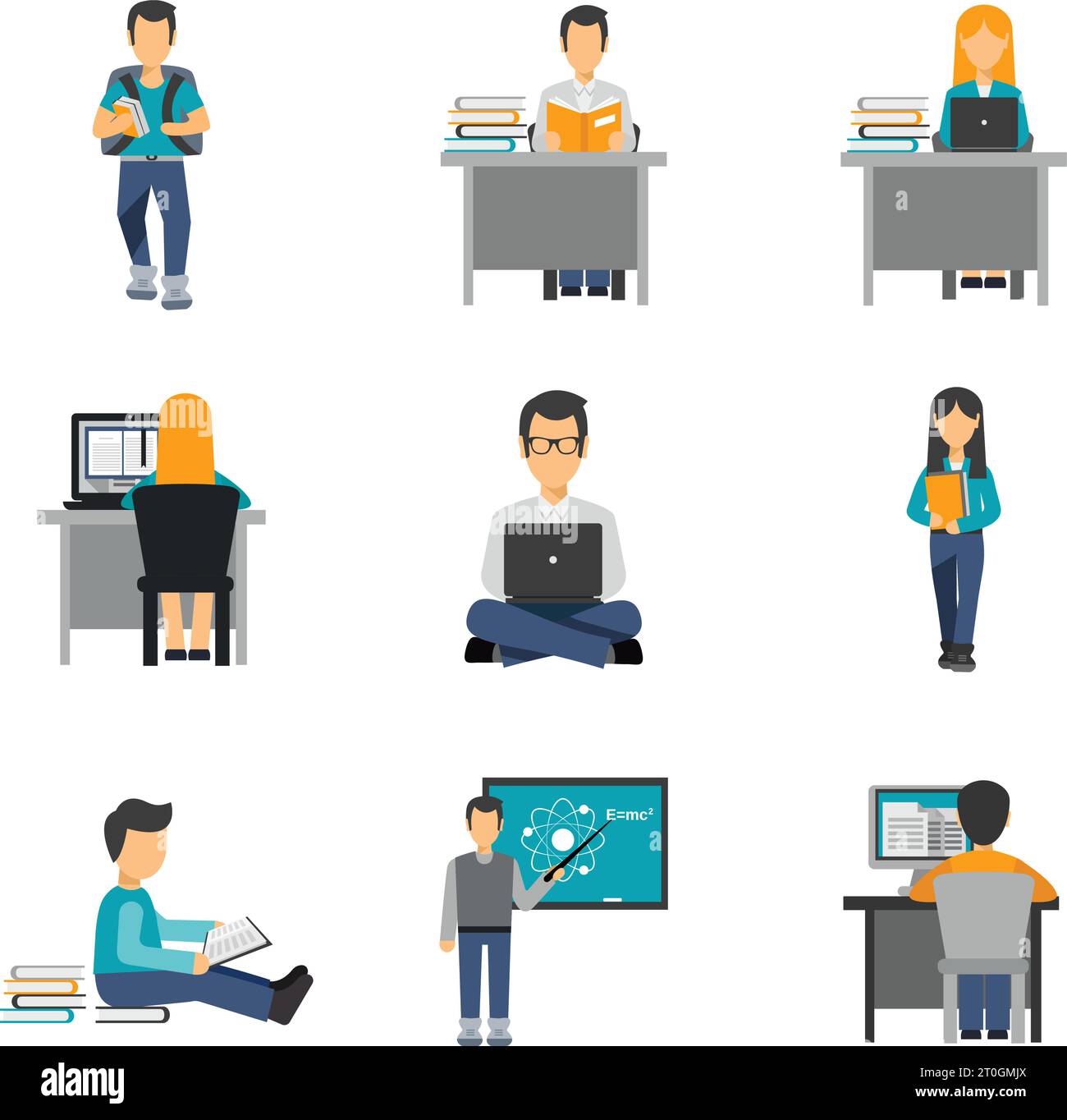 Student studying and reading books flat icons set isolated vector ...