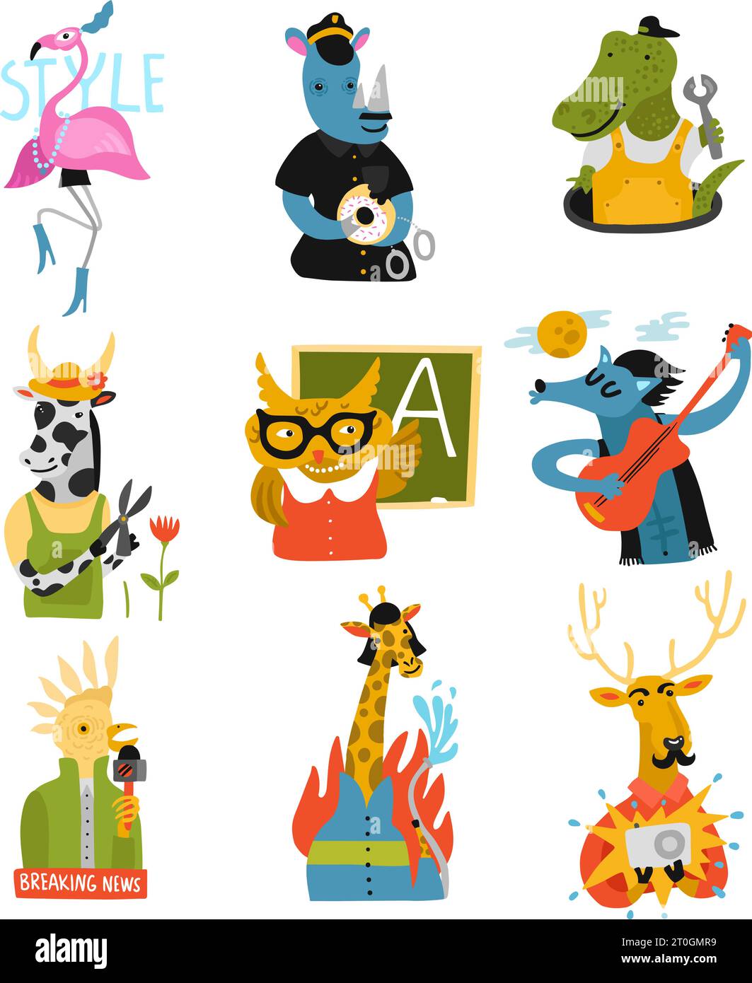 Humanized animals of different professions set with owl teacher, rhino ...