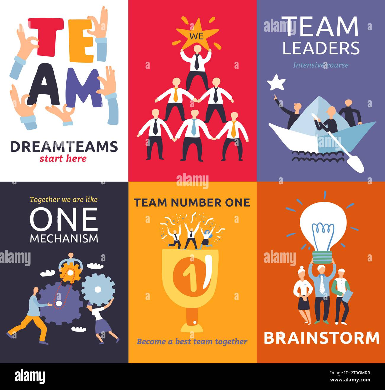 Successful teamwork symbols 8 colorful cards mini banners with ...