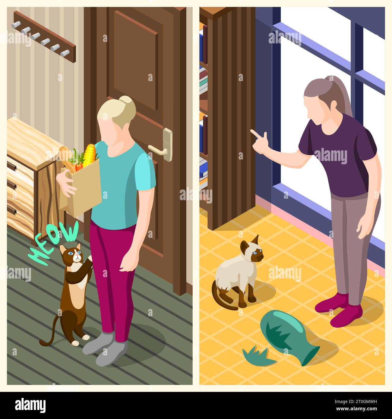 Ordinary life of man and his cat vertical isometric banners with home ...