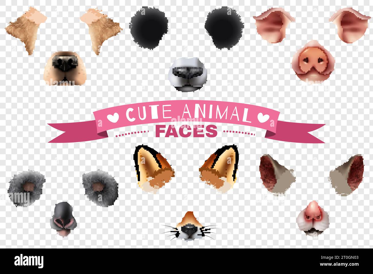 Colored and isolated cute animal faces transparent icon set with ...
