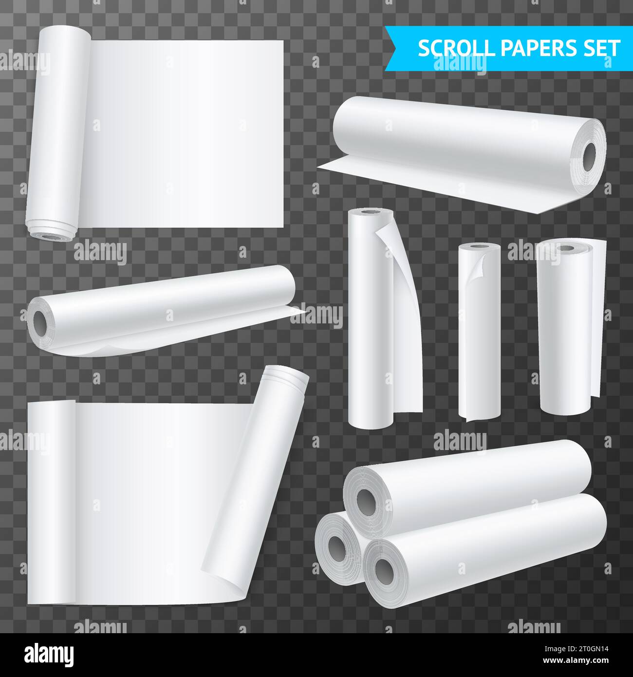 Realistic set of isolated clean white paper scrolls on transparent ...