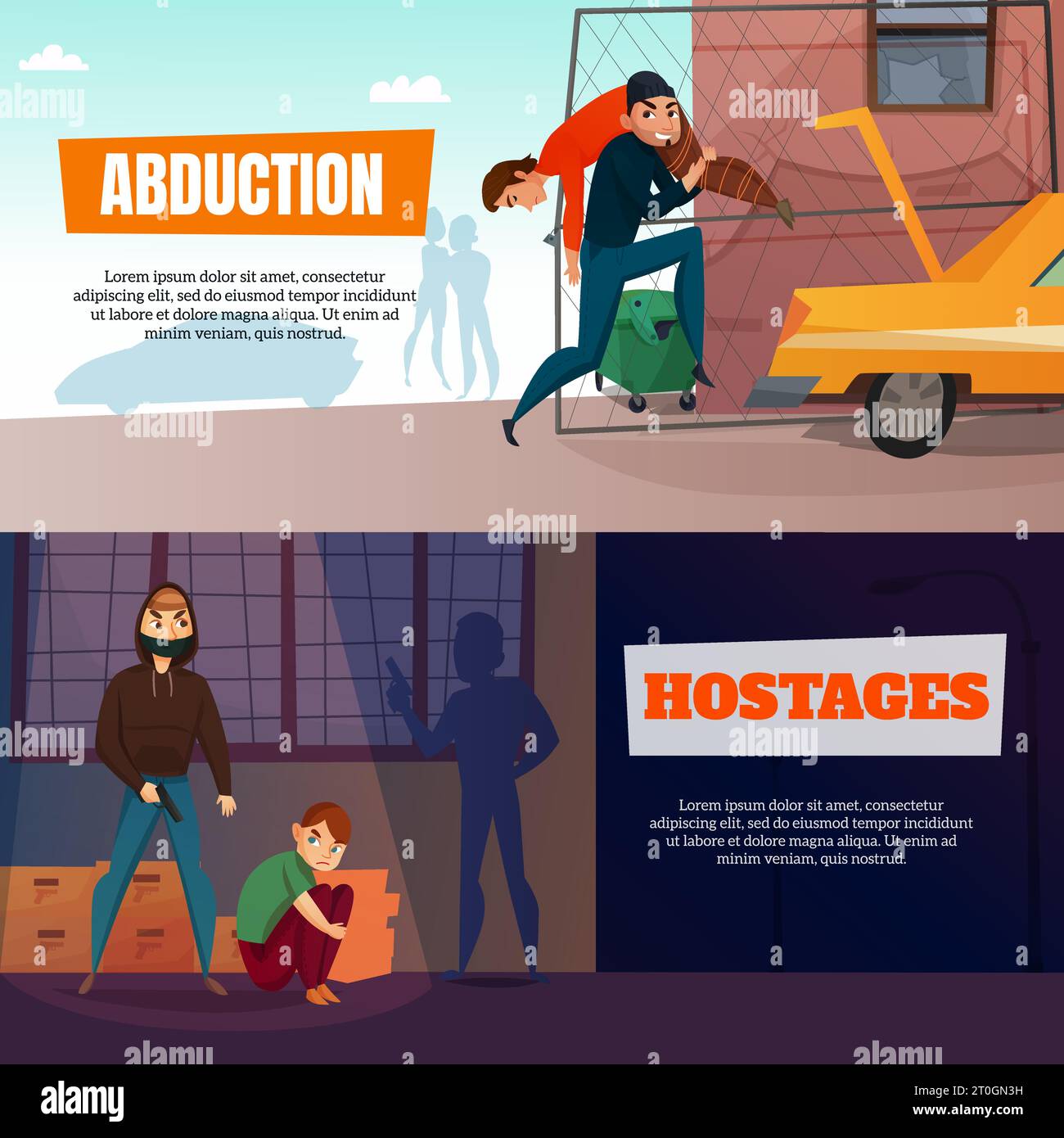 Criminals horizontal banners set with abduction and hostages symbols ...