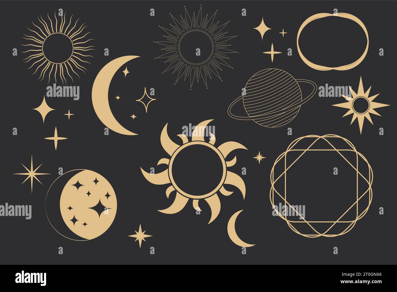 Set golden celestial frames, borders, arch line art esoteric minimal decoration with sparkles ...