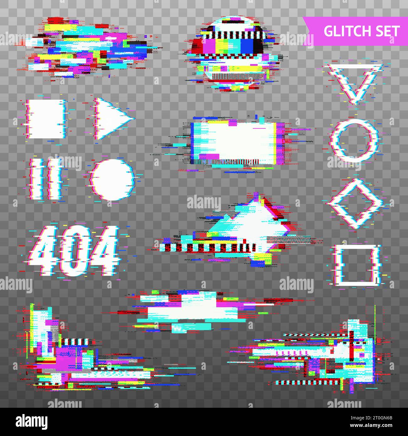 Set of simple geometric forms and digital elements in distorted glitch ...