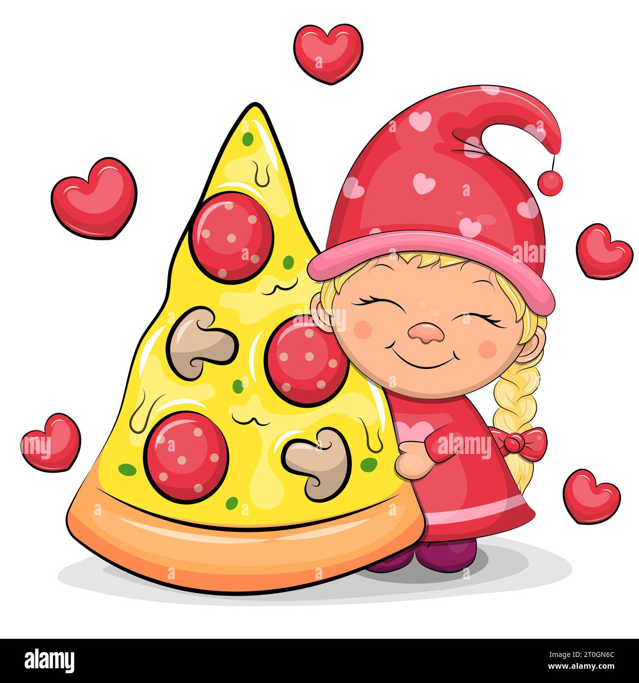 Cute cartoon gnome girl with a big piece of pizza. Vector illustration ...