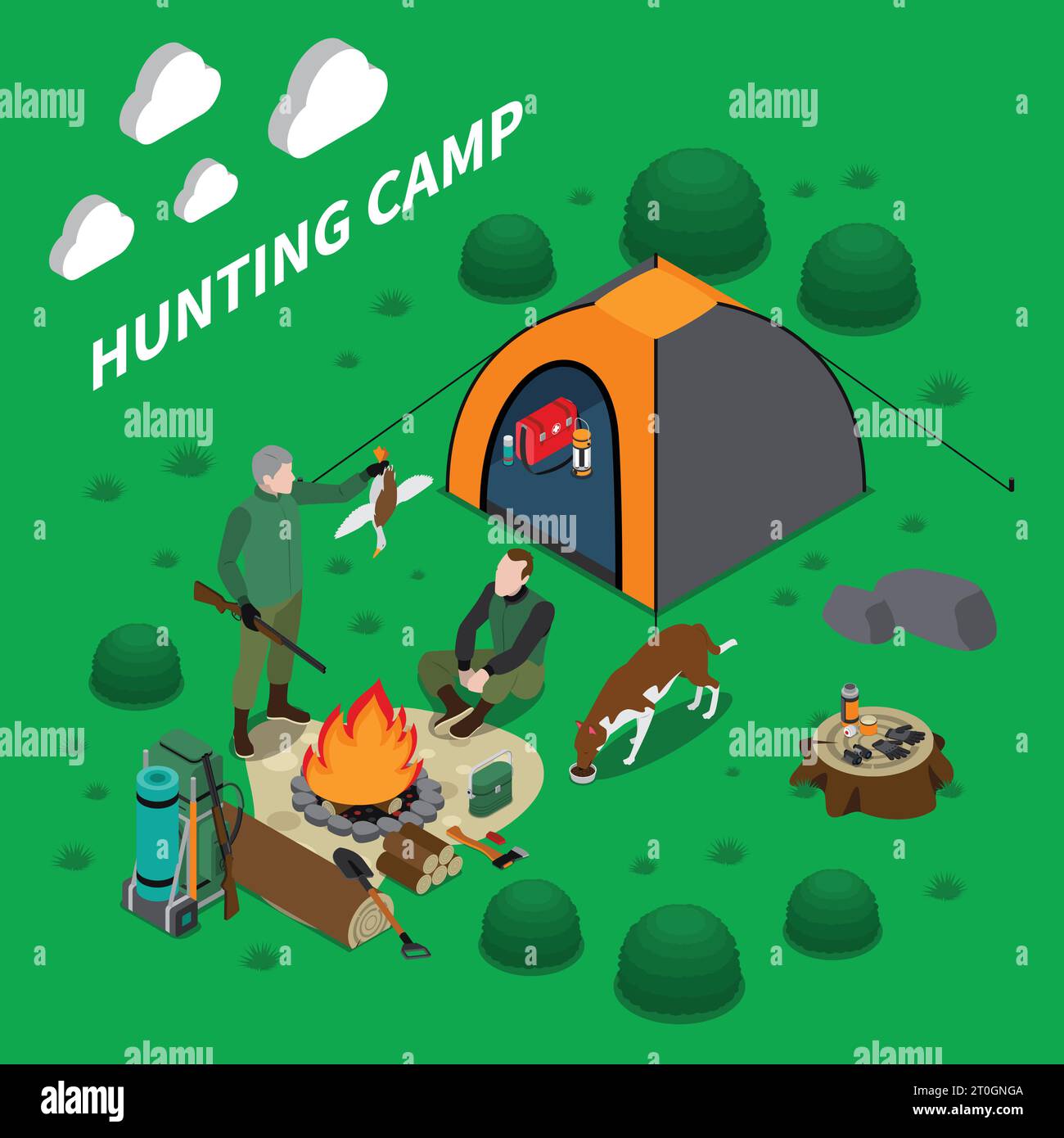 Hunting camp isometric composition with men dog and campfire symbols ...