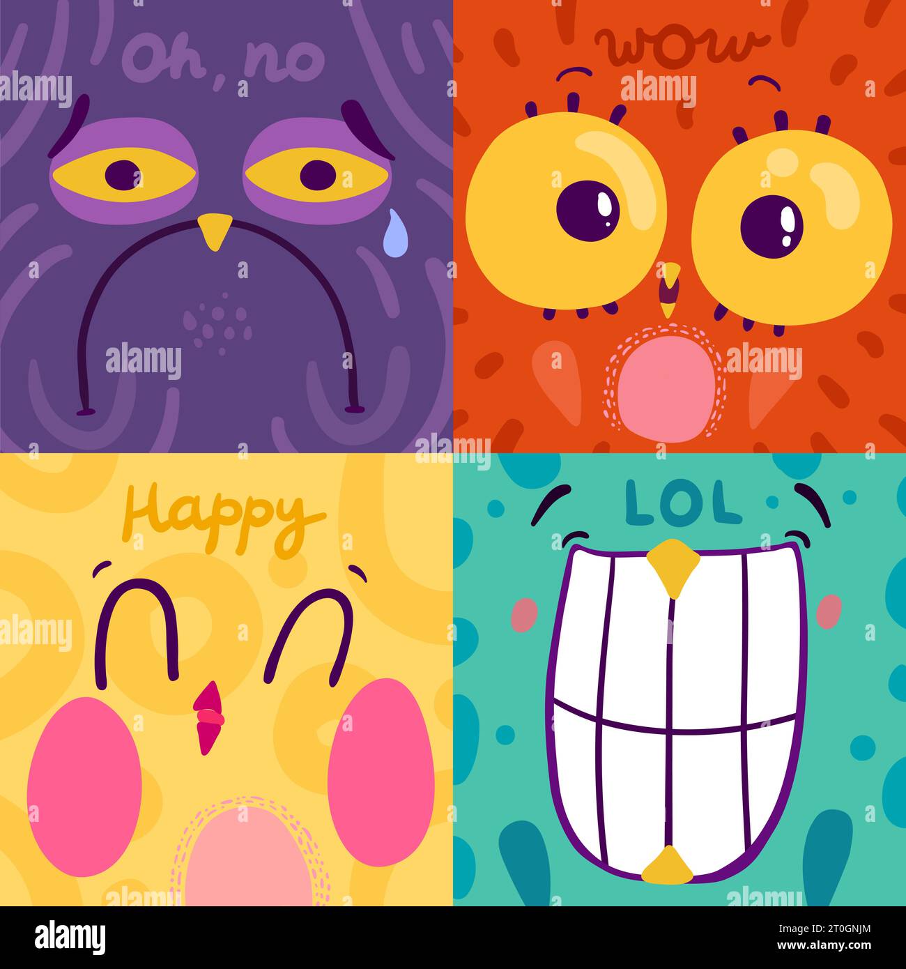 Colorful flat 2x2 design concept with happy sad surprised and laughing ...