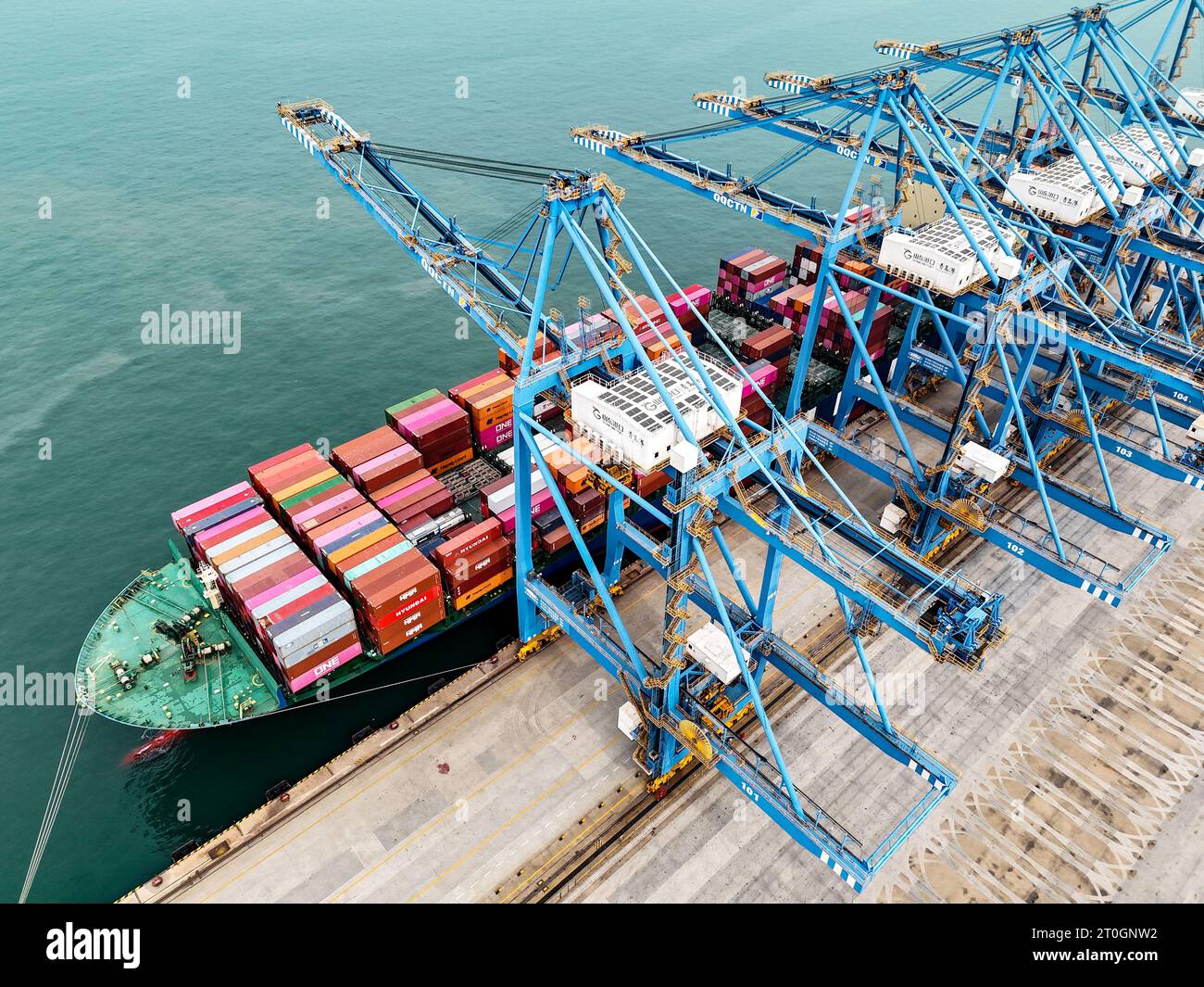 QINGDAO, CHINA - OCTOBER 7, 2023 - Several freighters dock at the fully ...