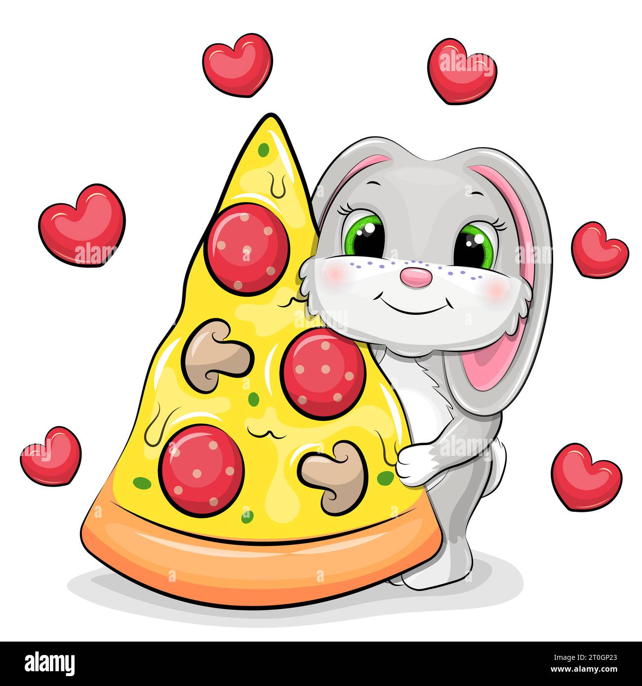 Cute cartoon gray rabbit with a big piece of pizza. Vector illustration ...