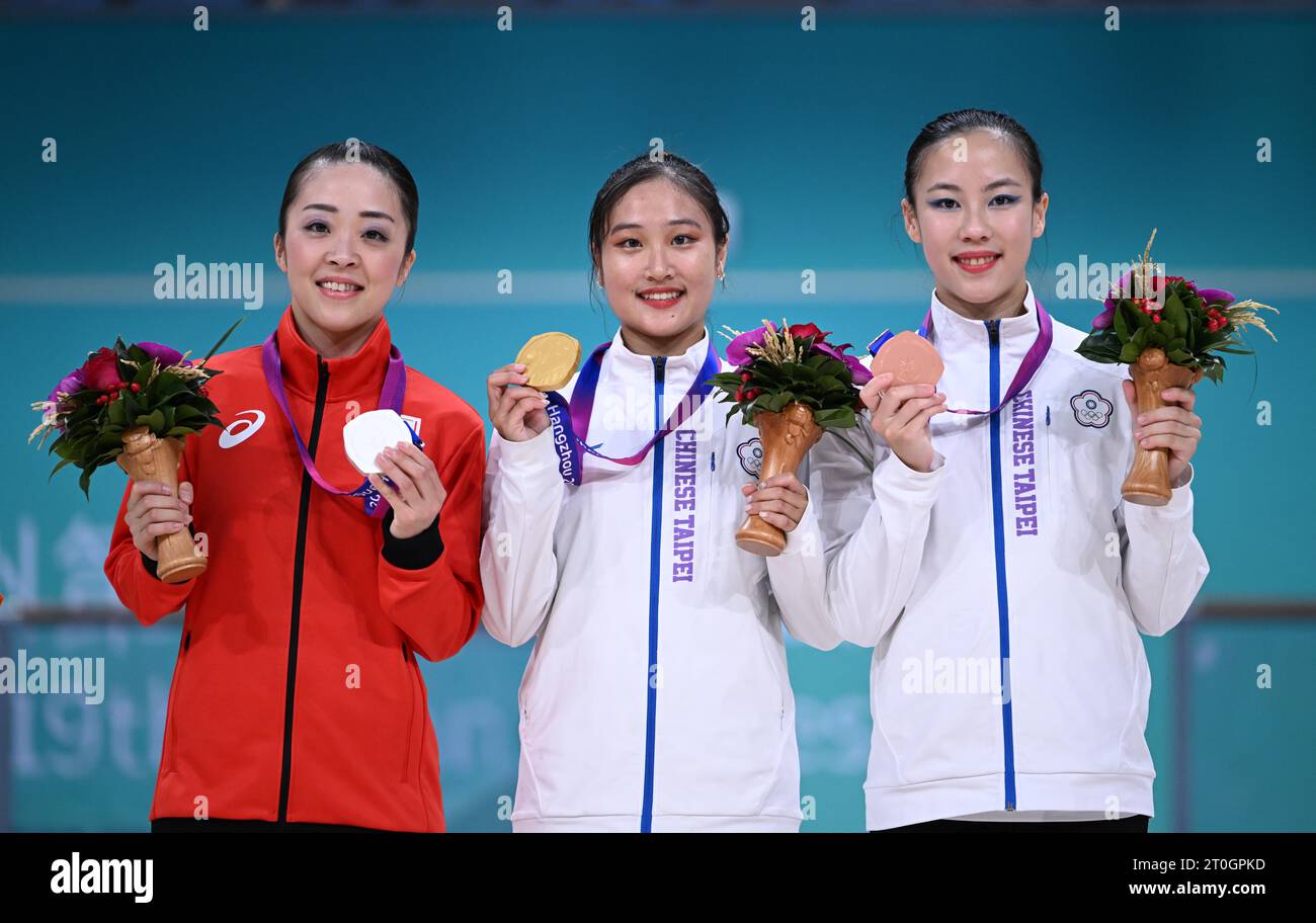 Hangzhou, China's Zhejiang Province. 7th Oct, 2023. Gold medalist Hung Hsiao-Ching (C) of ...