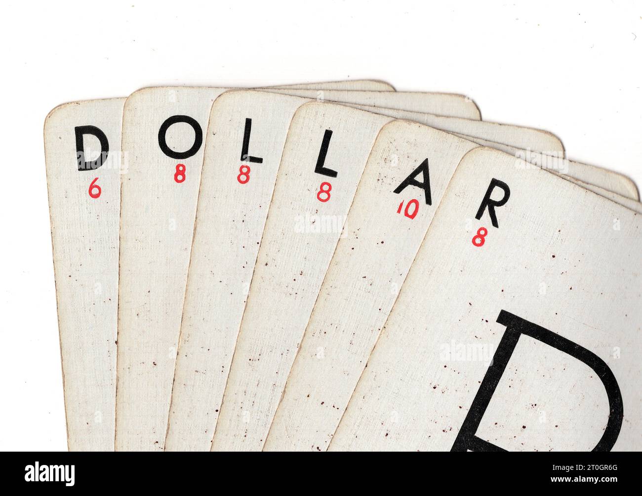 Vintage Lexicon playing cards spelling the word DOLLAR on a white ...