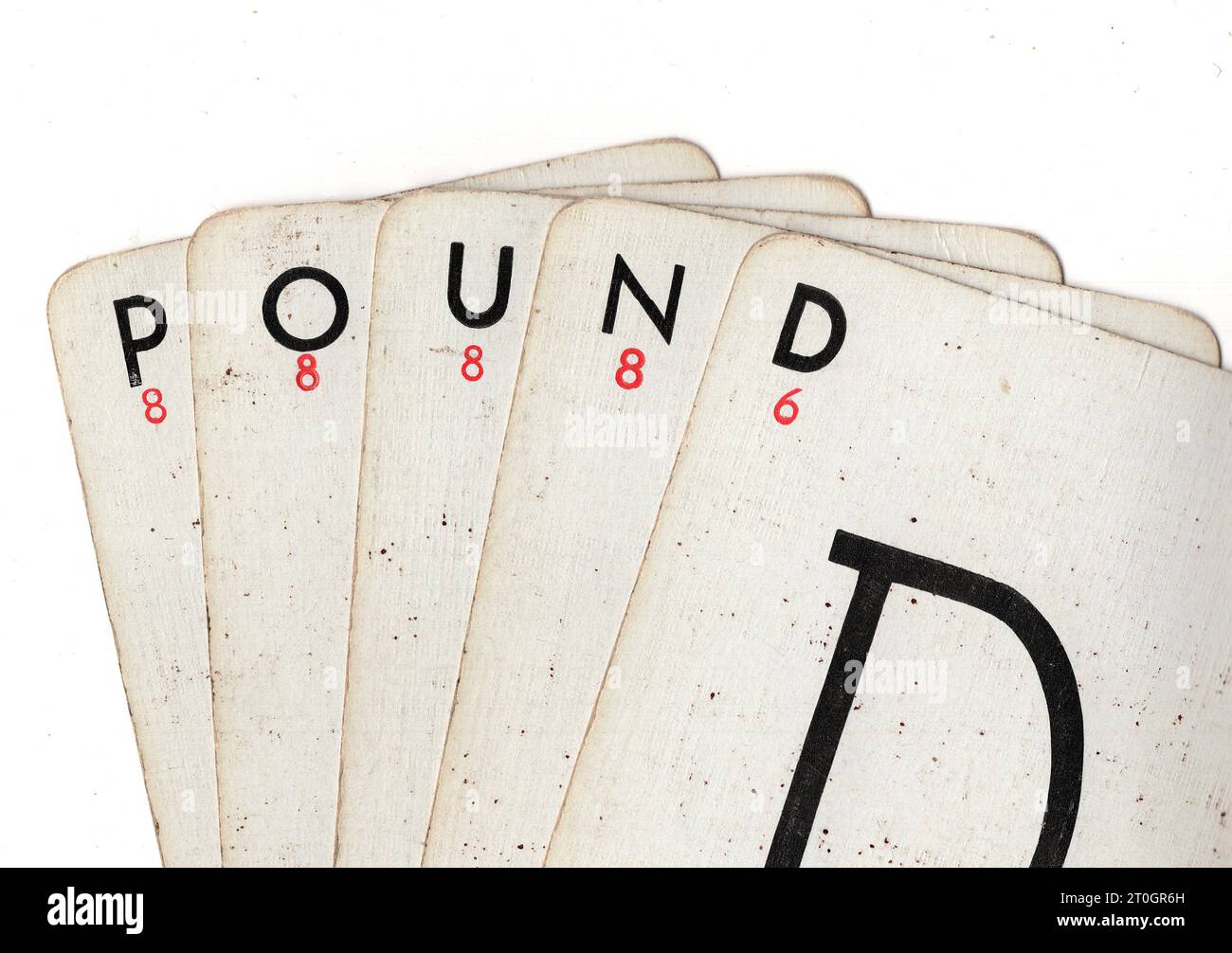 Vintage Lexicon playing cards spelling the word POUND on a white ...