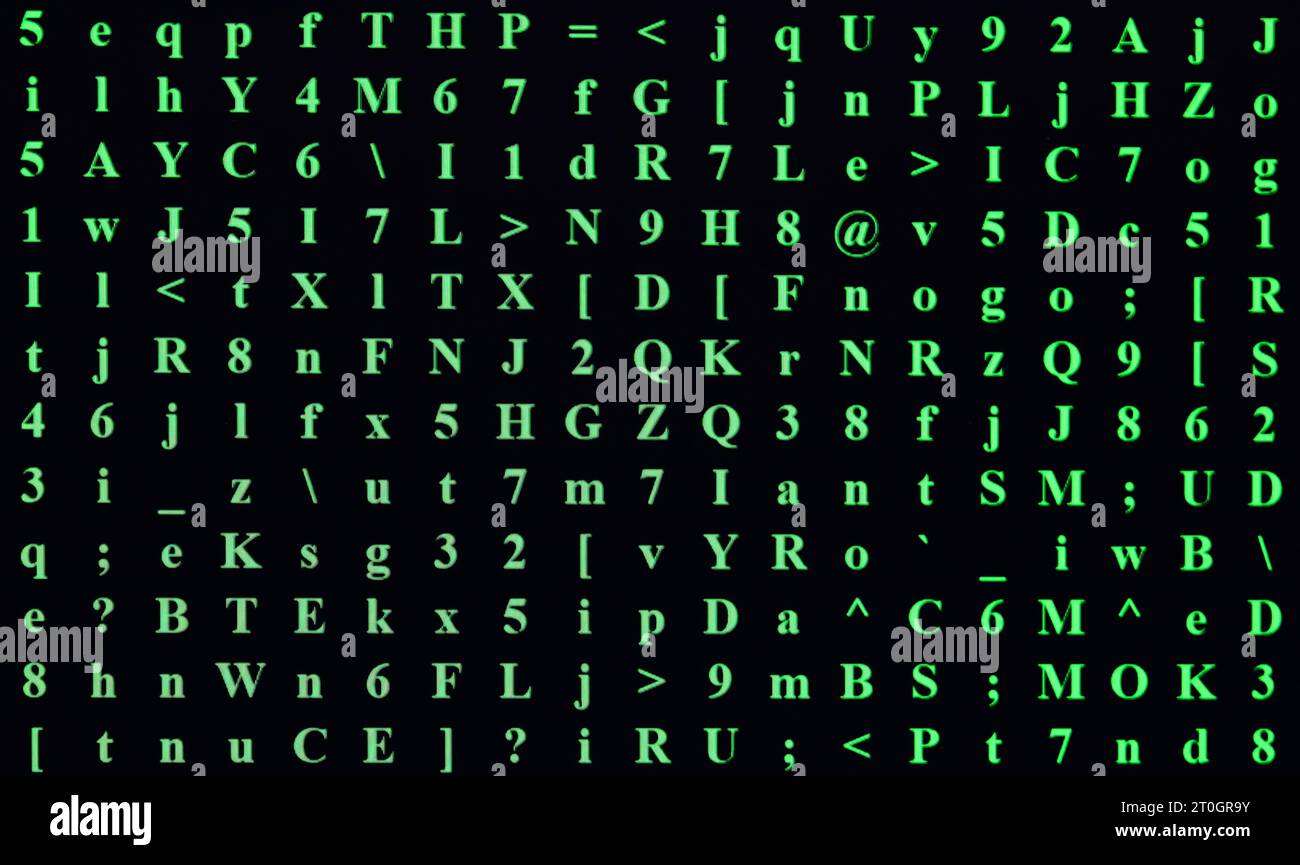 random ASCII Characters on black background of personal computer screen ...