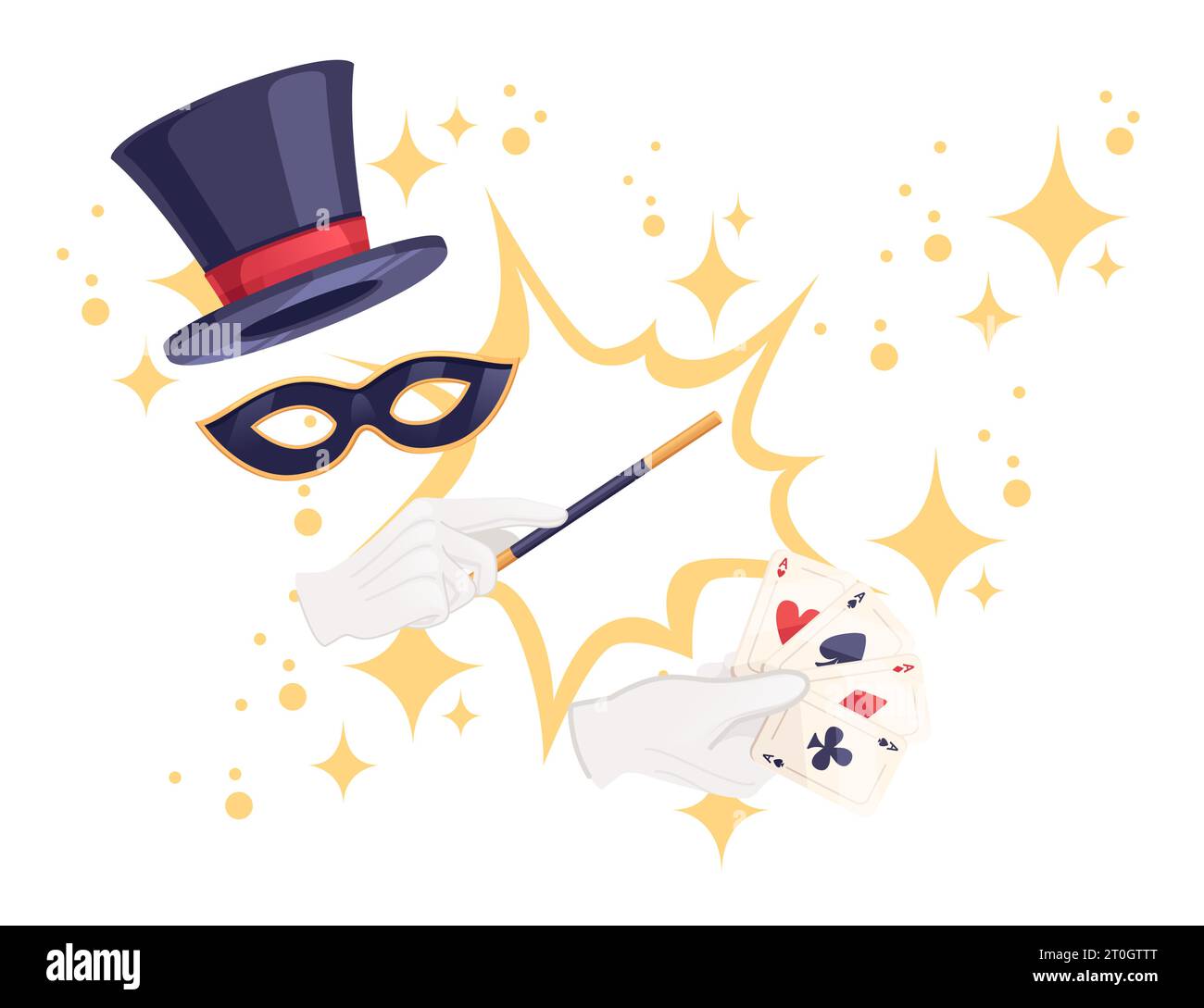 Dark magic hat with mask and hand hold magic wand vector illustration ...