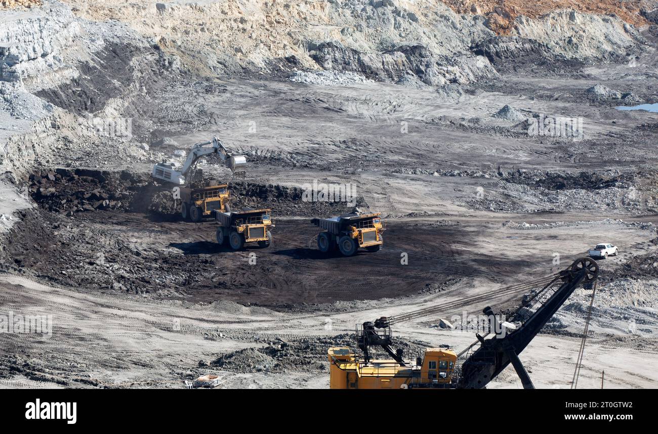 Panoramic aerial view of coal mine. Open pit mine industry, big yellow ...