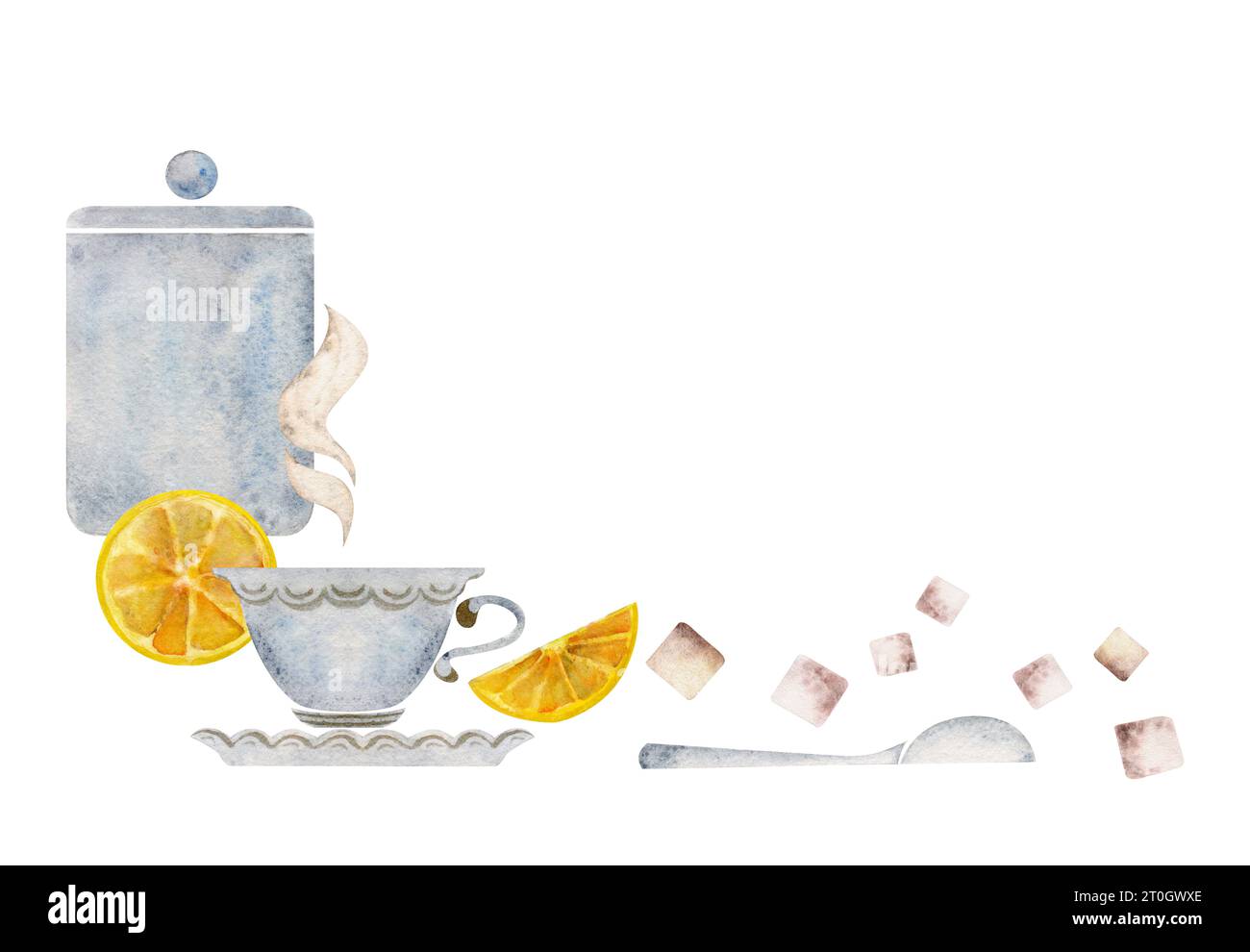 Watercolor hand drawn illustration. Porcelain tea storage jar and cup ...