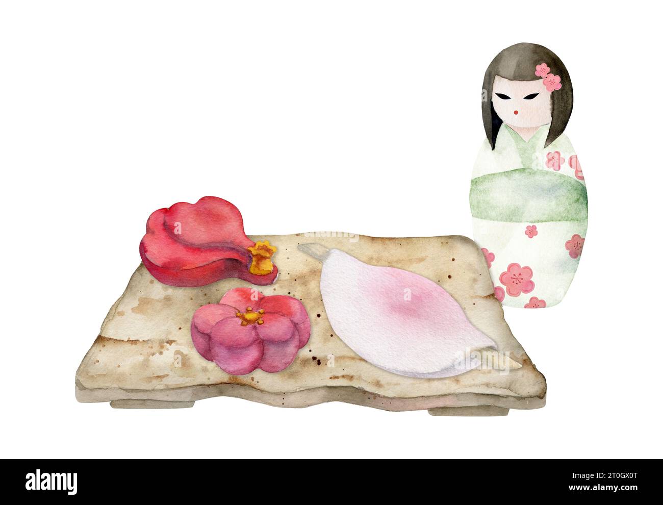 Watercolor hand drawn traditional Japanese sweets. Ceramic dish ...