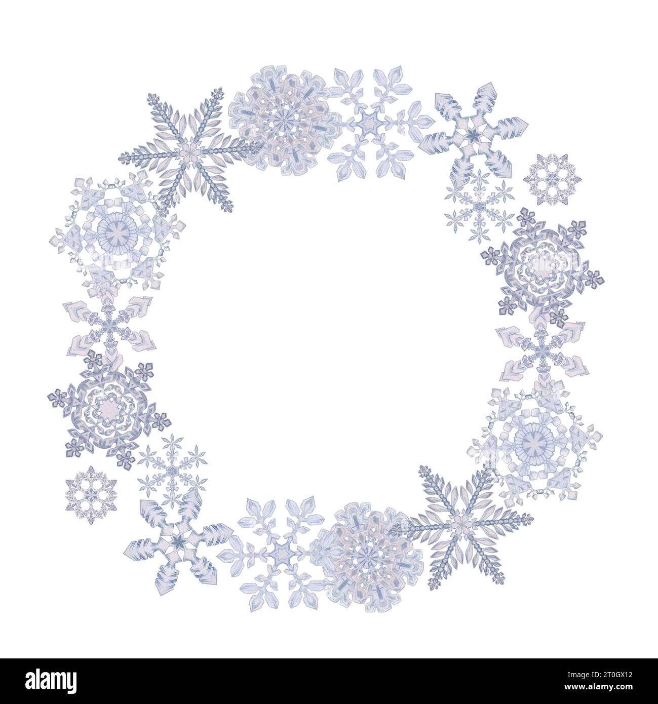 Hand drawn watercolor snowflakes, blue water ice crystals frozen in ...