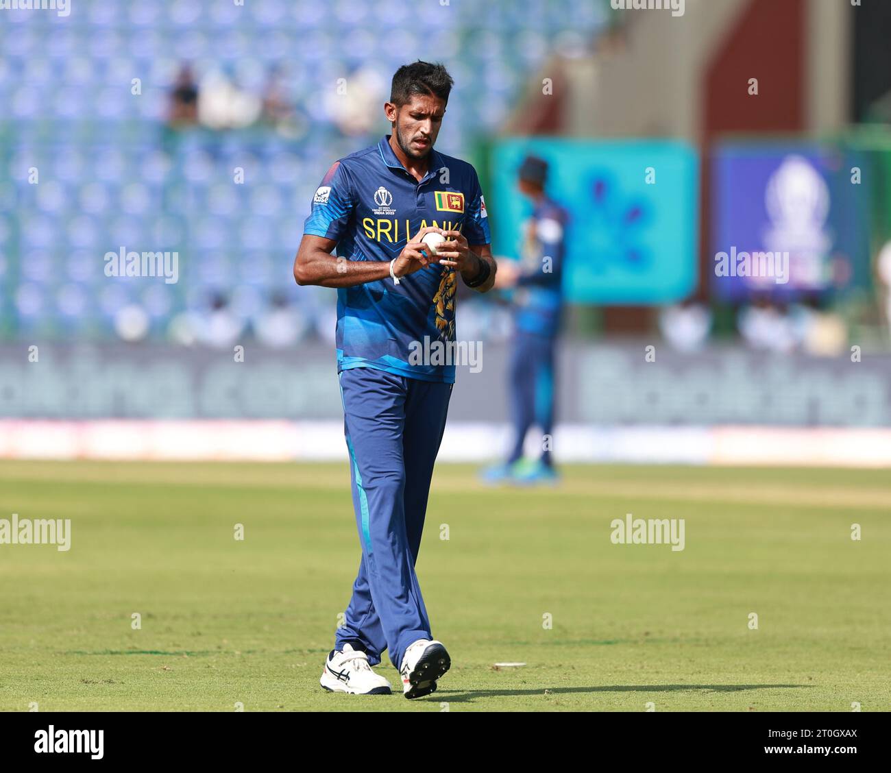 New Delhi, Delhi, India. 7th Oct, 2023. Kasun Rajitha of Sri Lanka ...
