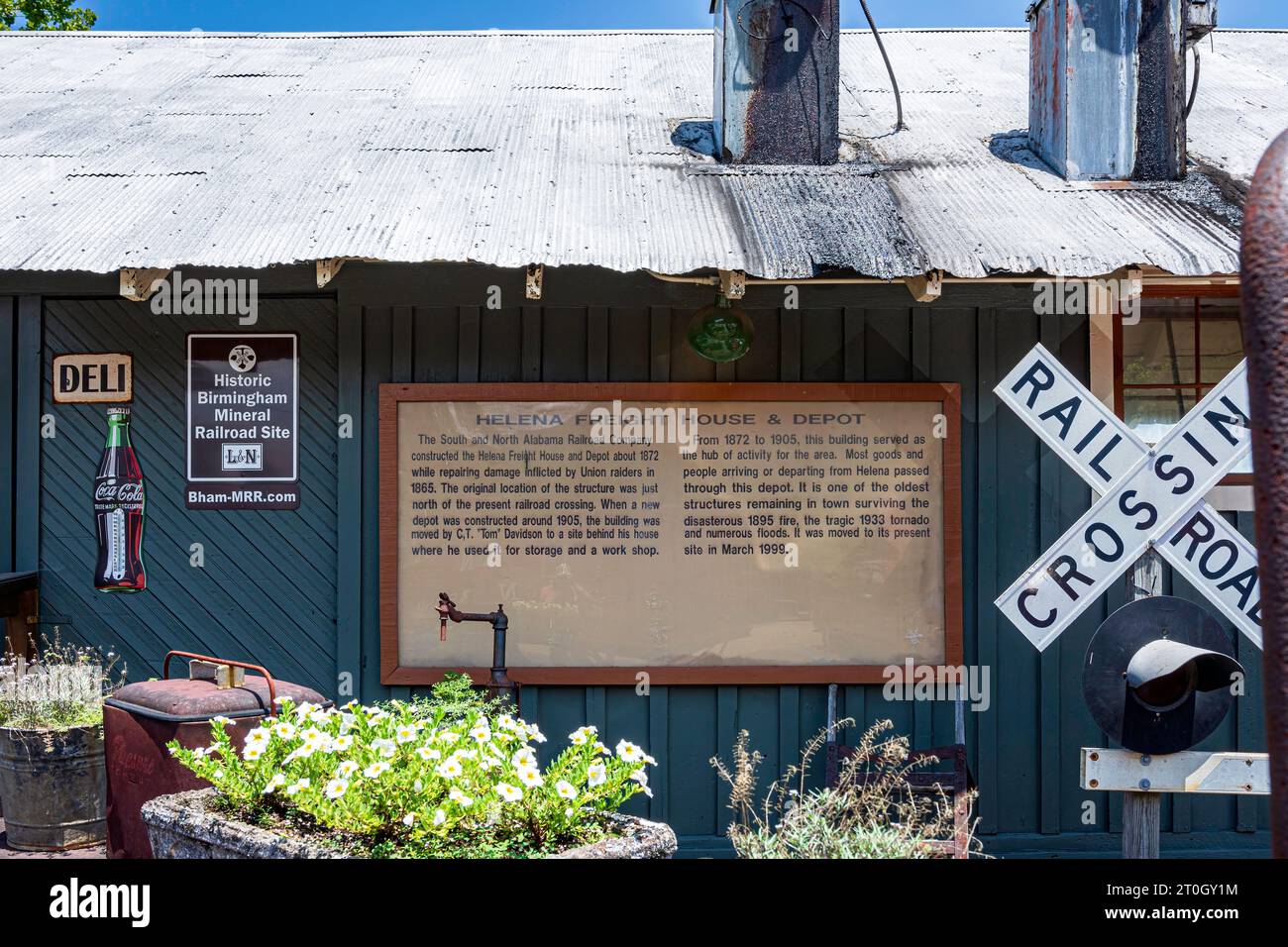 Helena, Alabama, USA-July 15, 2023: Close up of the sign on the Depot ...
