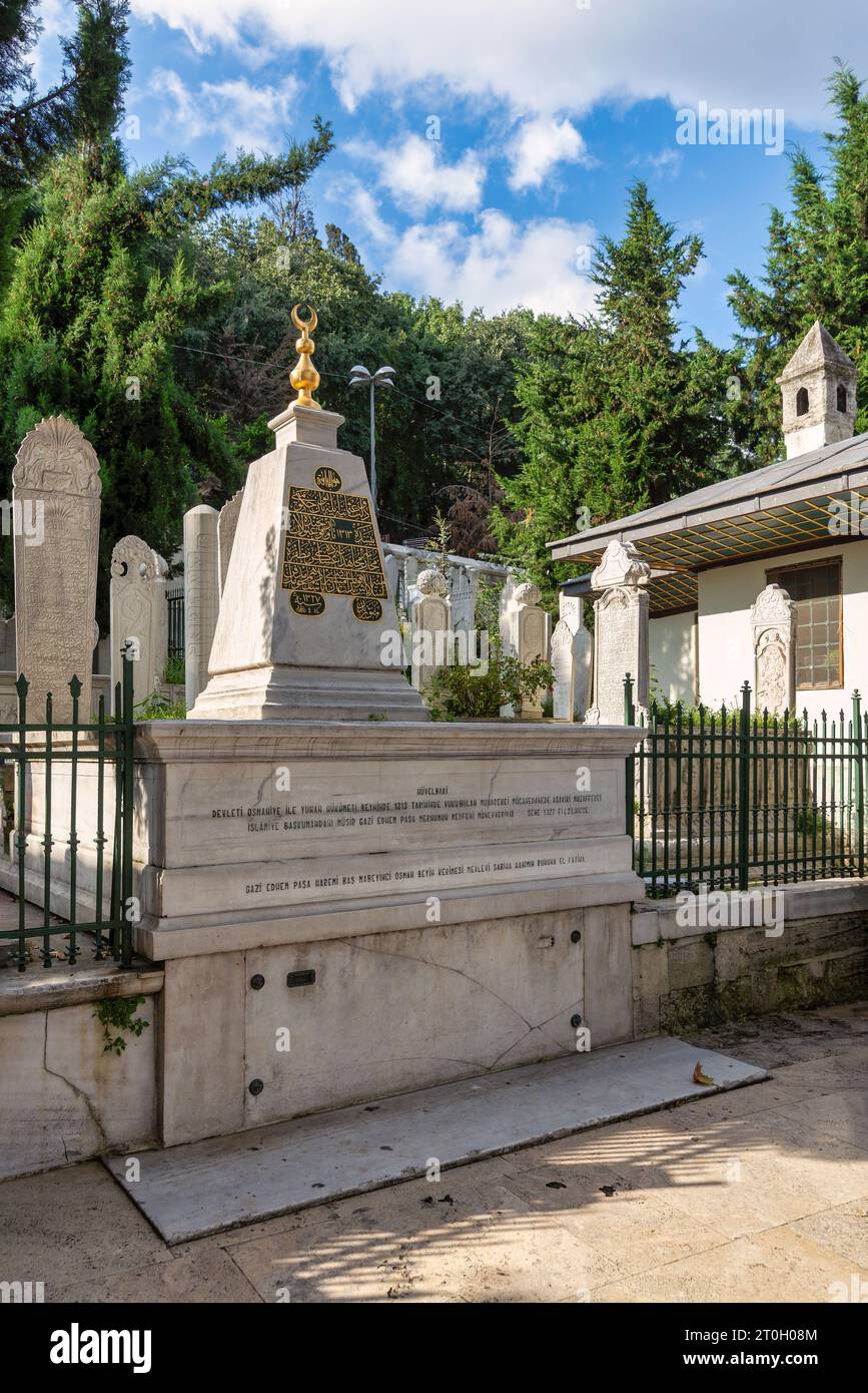 Tomb of Ghazi Edhem Pasha, or Gazi Ethem Pasa, located in Eyup Sultan ...