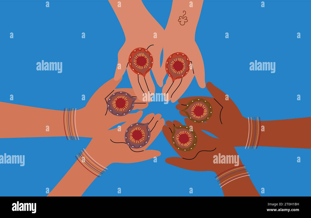 Different skin colored hands. Indian festival Happy Diwali with Diwali ...