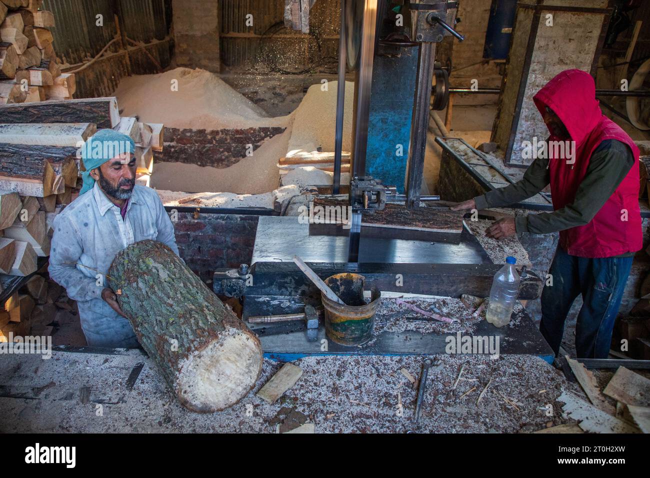 Kashmiri workers cut a willow log with which cricket bats will be made ...
