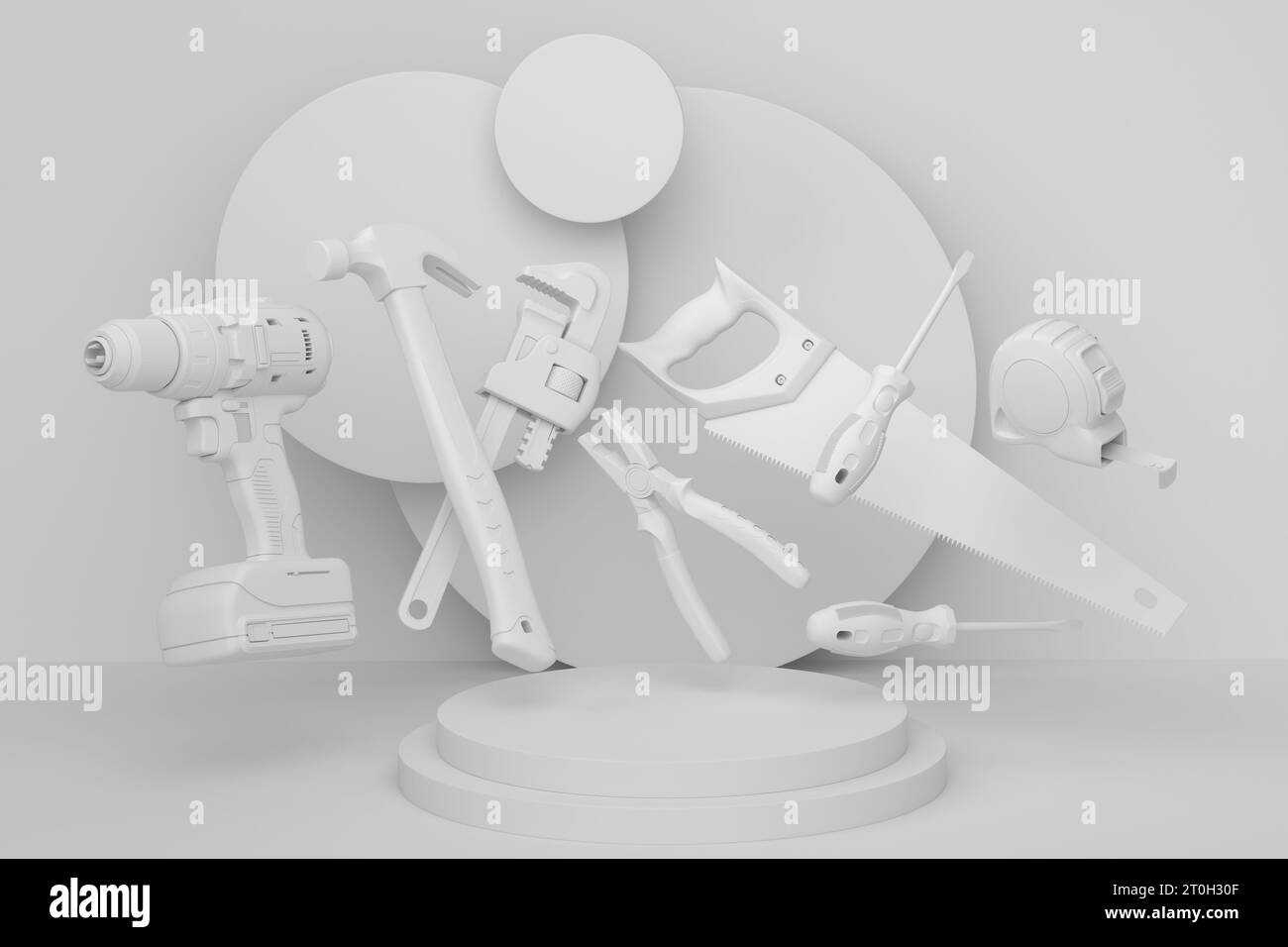 Abstract scene or podium with carpenters tools on monochrome background ...