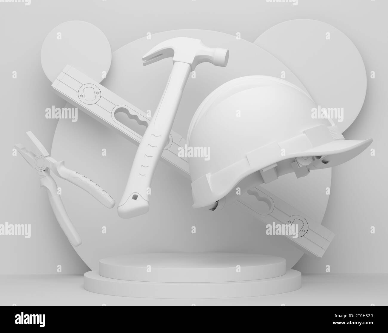 Abstract scene or podium with carpenters tools on monochrome background ...