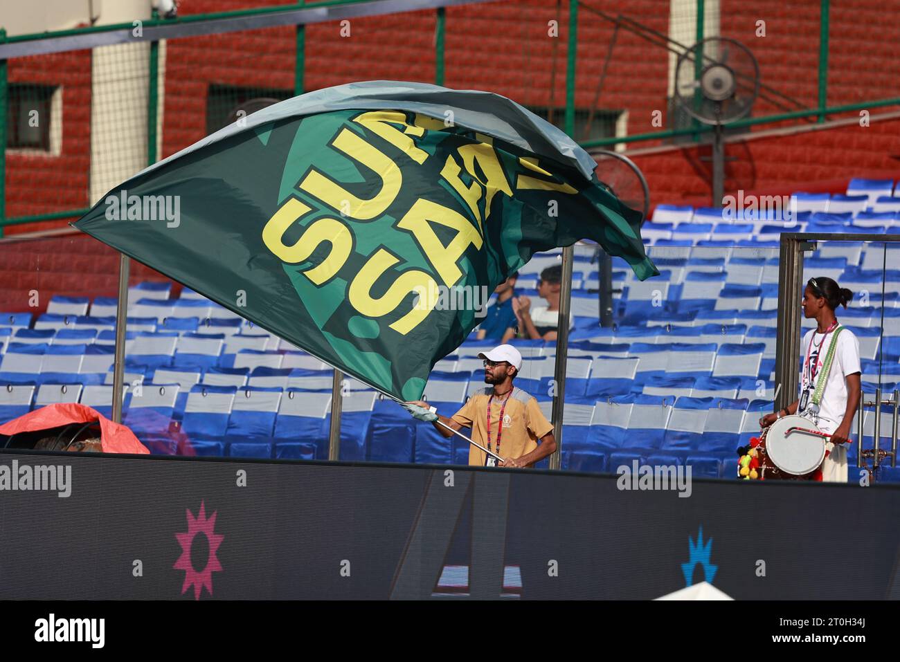 New Delhi, Delhi, India. 7th Oct, 2023. Fan waving flag during Match No ...