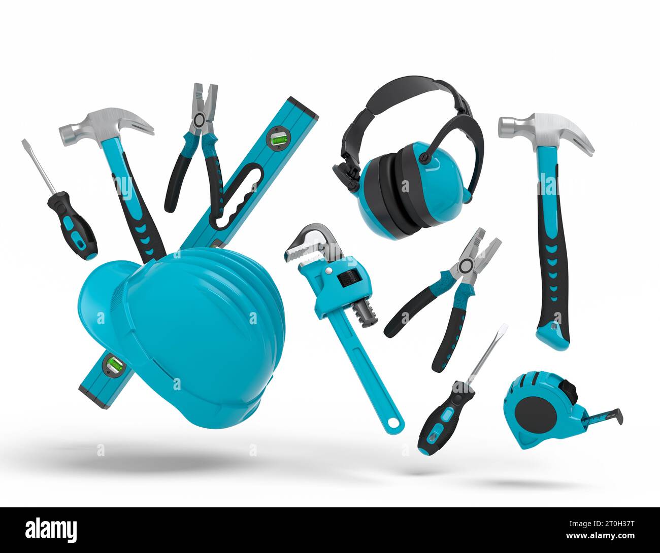 Flying view of green construction tools for repair and installation on ...