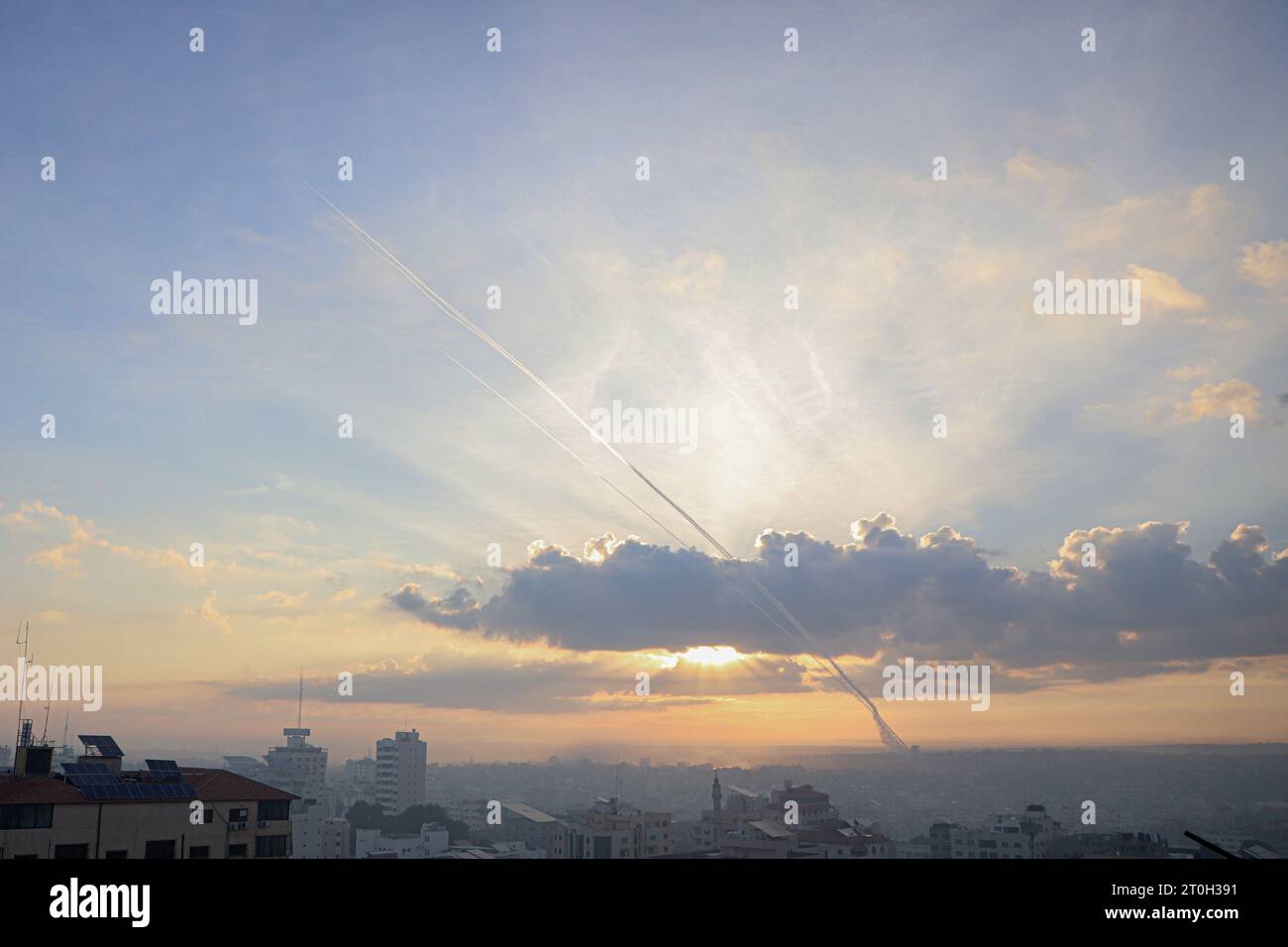 Gaza. 7th Oct, 2023. A barrage of rockets fired from Gaza to Israel are ...