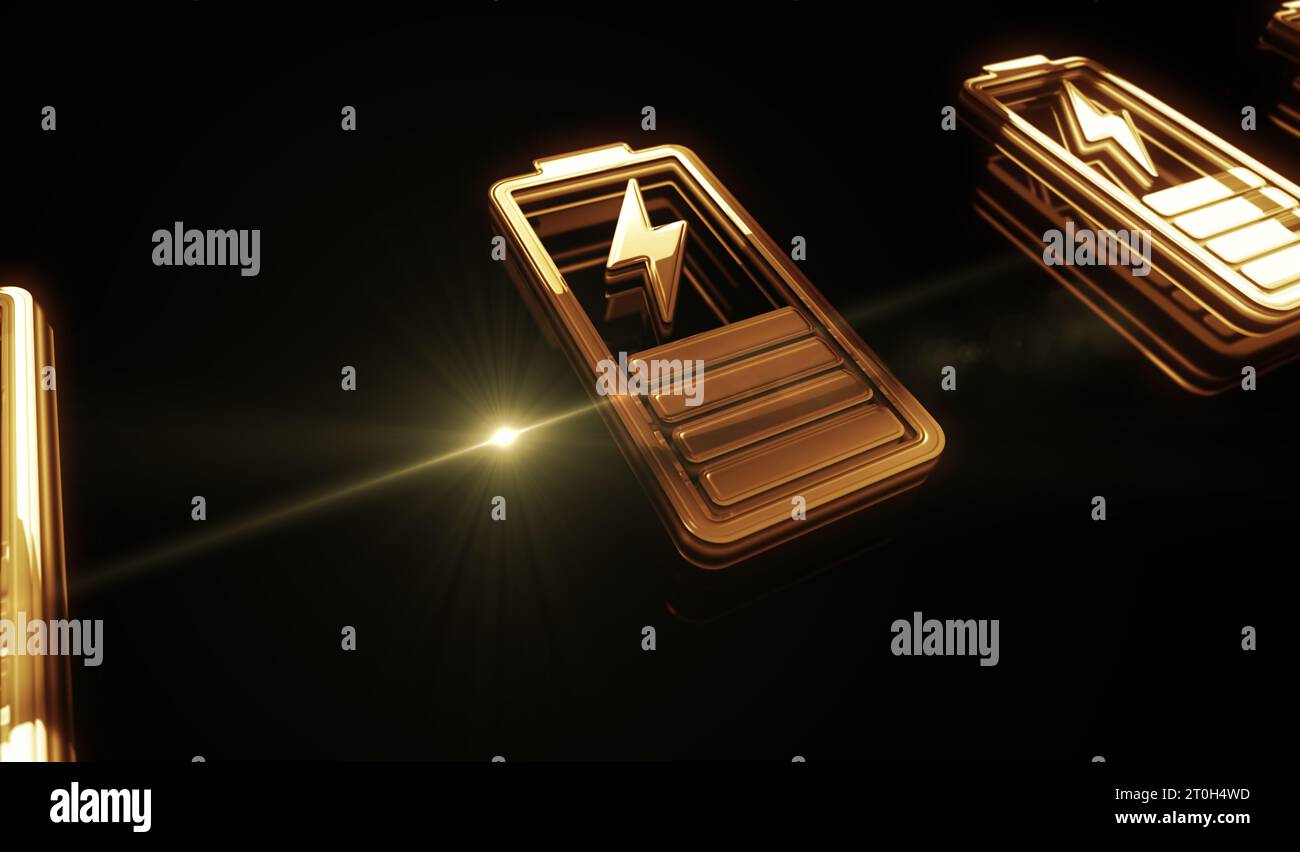 Battery charging energy and recharge power golden metal shine symbol ...