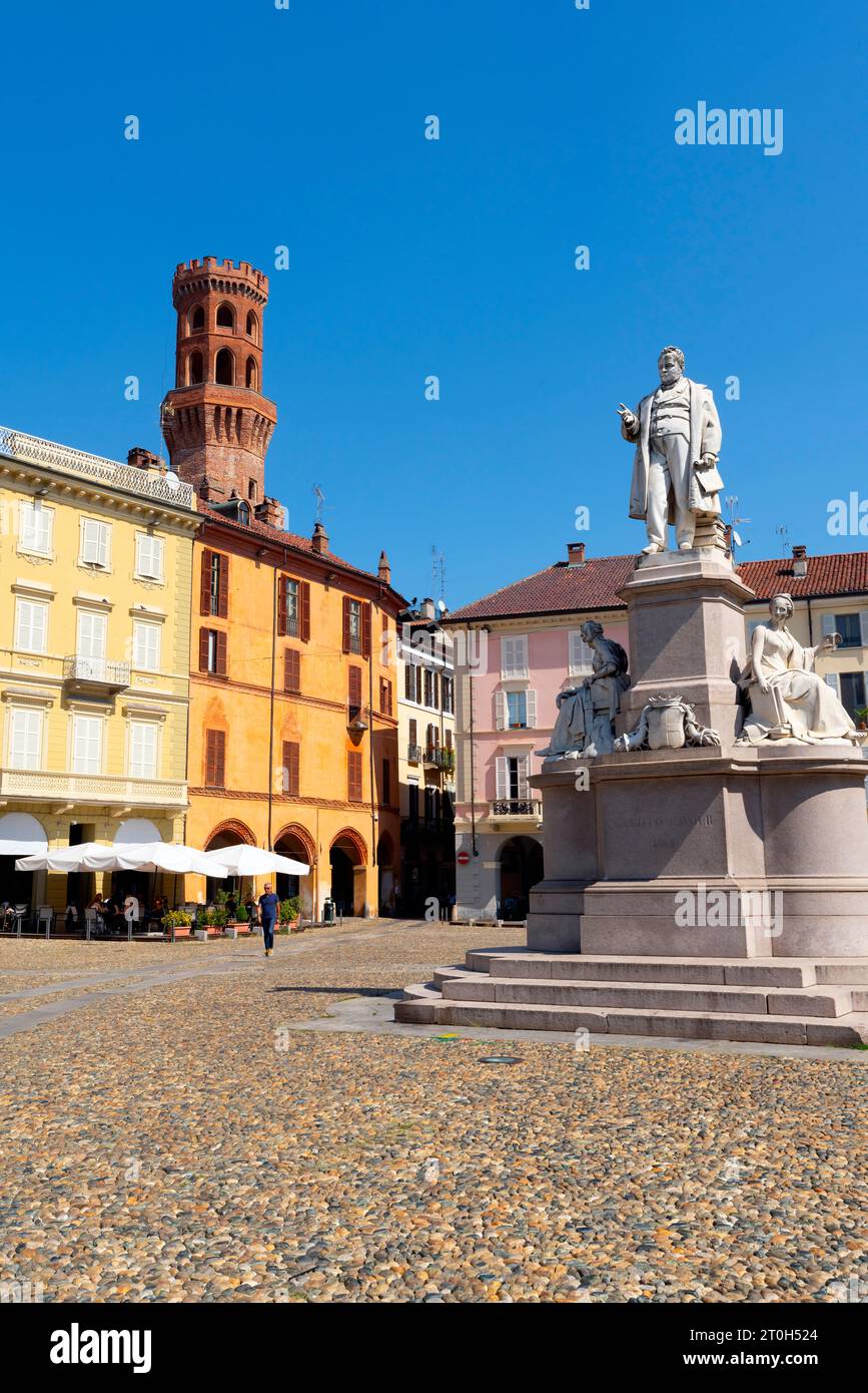 A statue of statesman Cavour in the square with his name. The ...