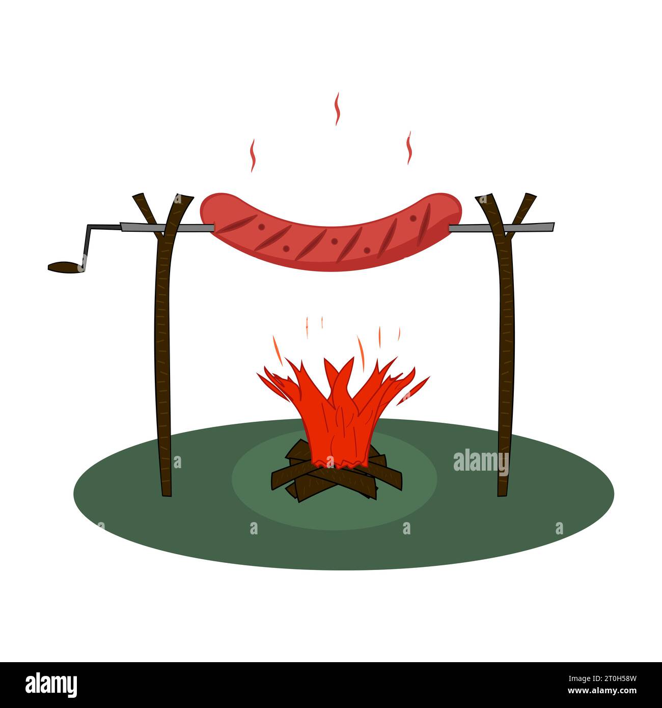 Big hot link sausage grilled on a campfire and skewer. Vector ...