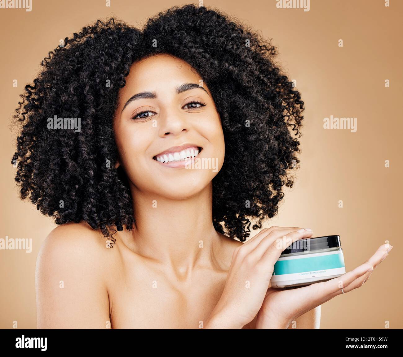 Woman, hair and container in portrait, beauty and product for wellness ...