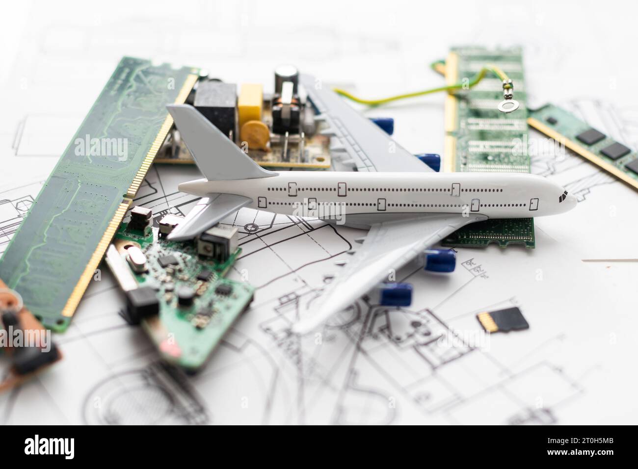 Plane symbol with a technological electronics circuit. Blue Background ...