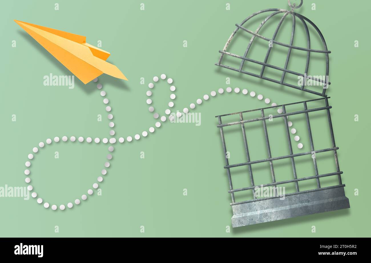 Freedom. Paper plane flying out of open cage on olive color background ...