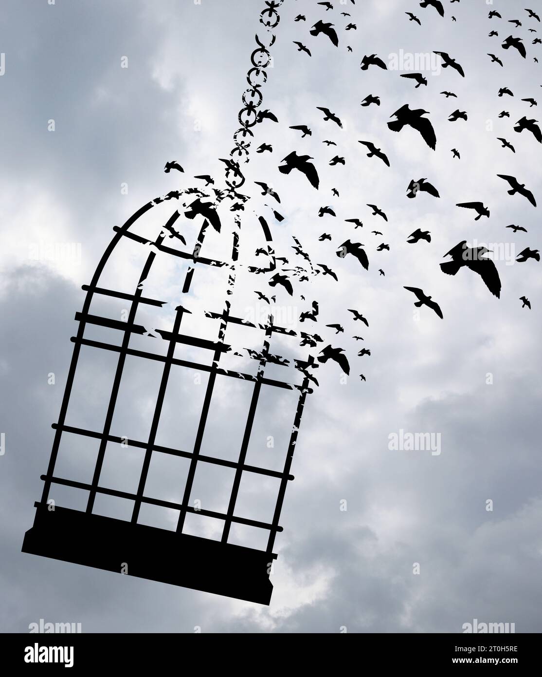 Freedom. Black cage turning into birds. Released birds flying into sky ...