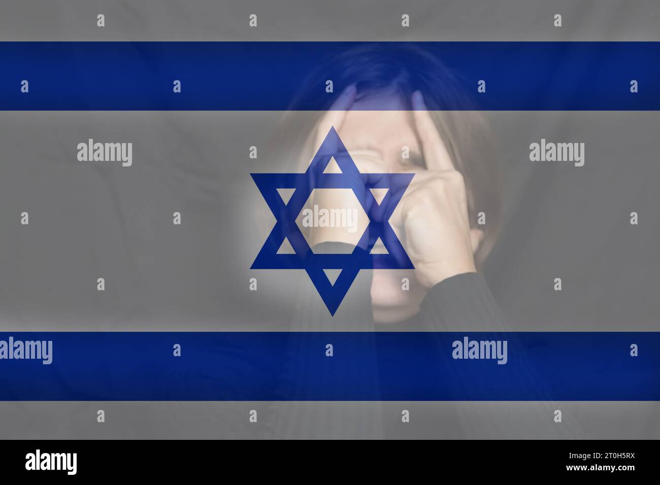 War between Palestine and Israel. Young woman with sad sight looking at ...