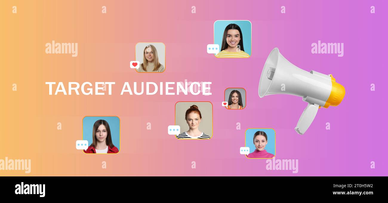Target audience. Megaphone and photos of potential clients with icons ...