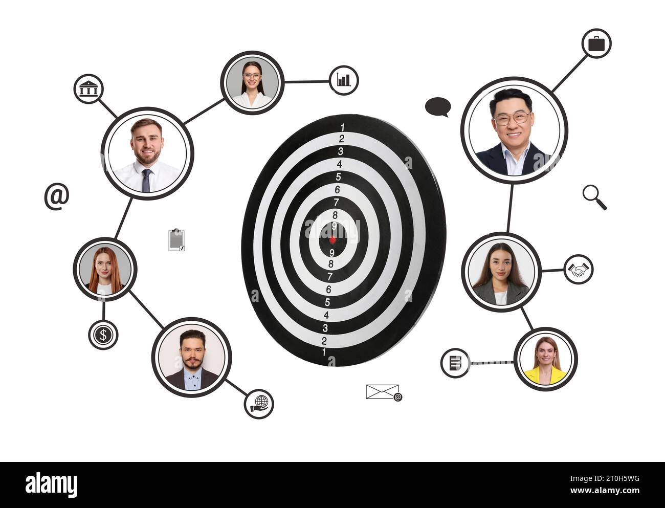 Target audience. Dartboard surrounded by photos of potential clients ...