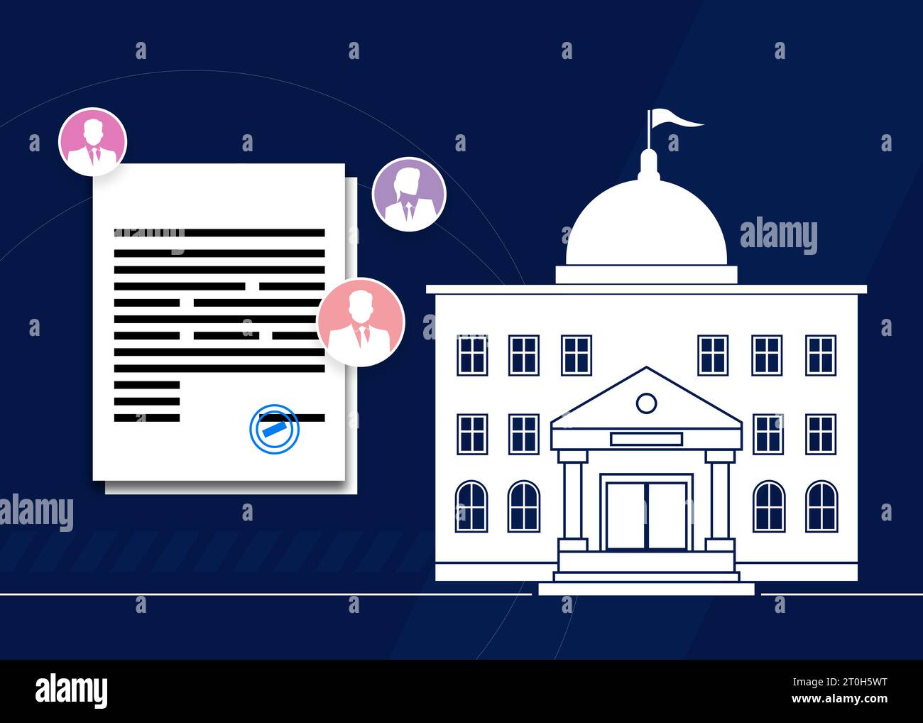Municipal building, contract and icons on blue background, illustration ...