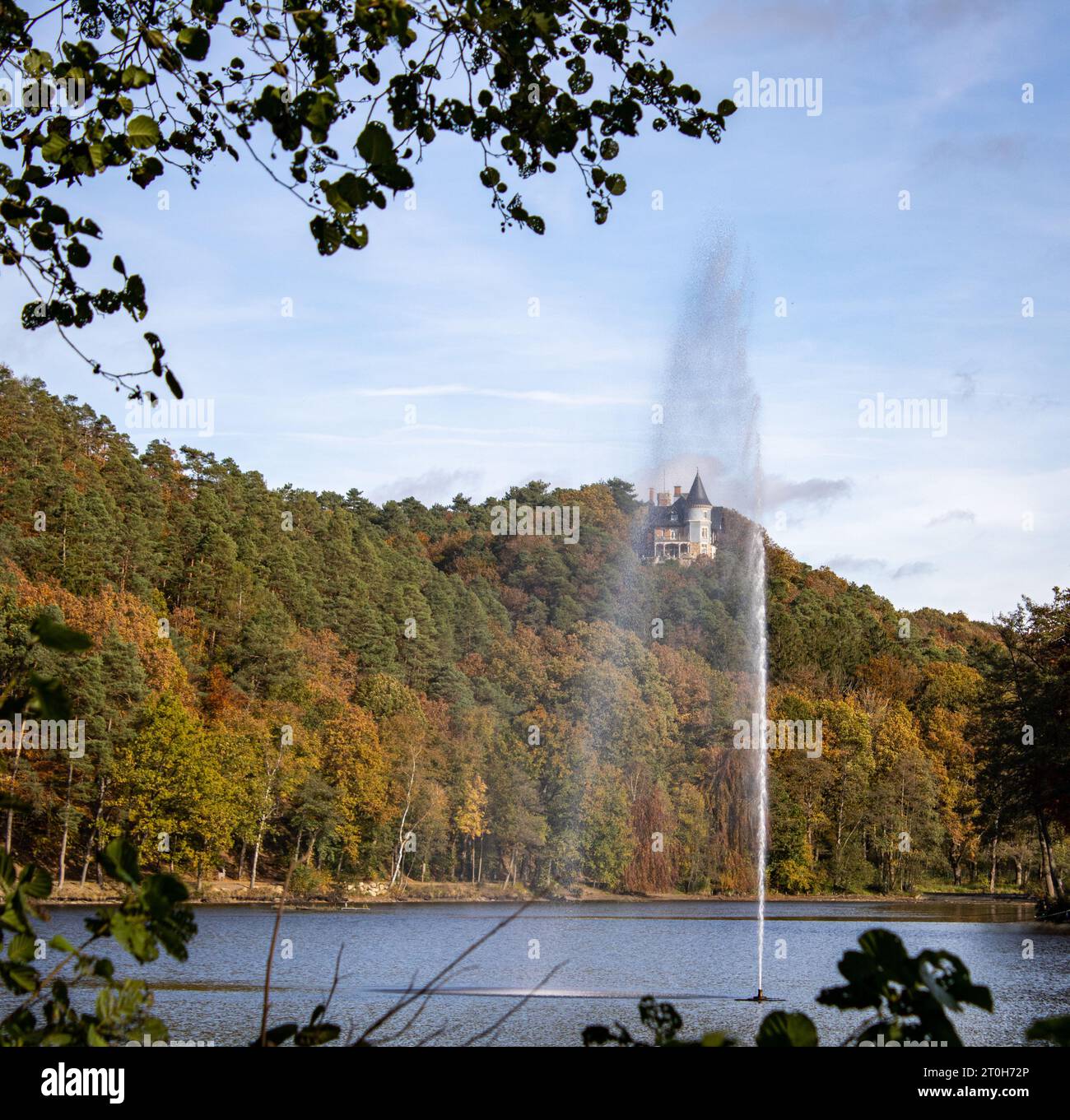 View of a castle through a fountain, with also branches as a natural ...