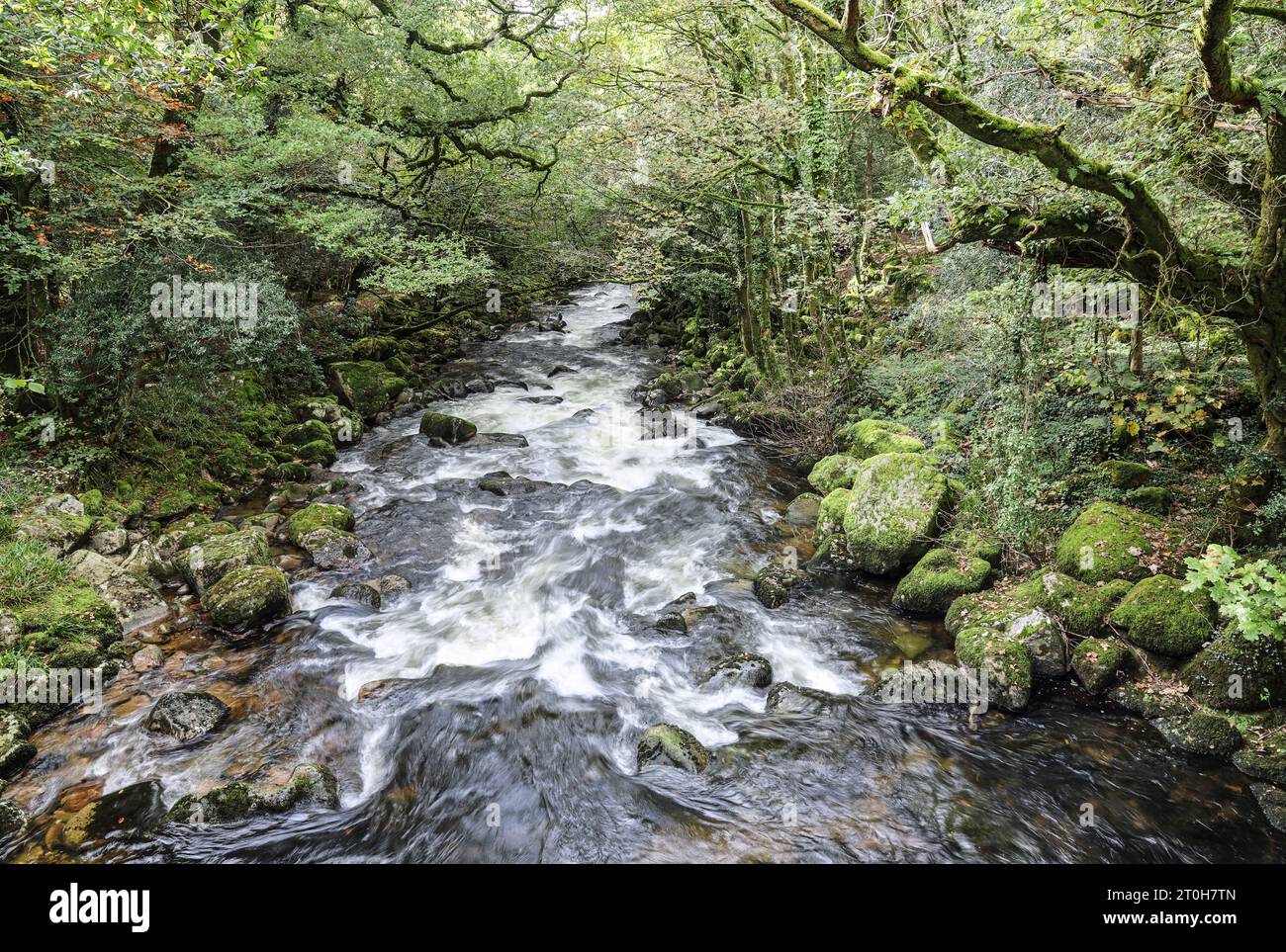 Slow shutter spead shot of the River Plym at Shaugh Bridge heading ...