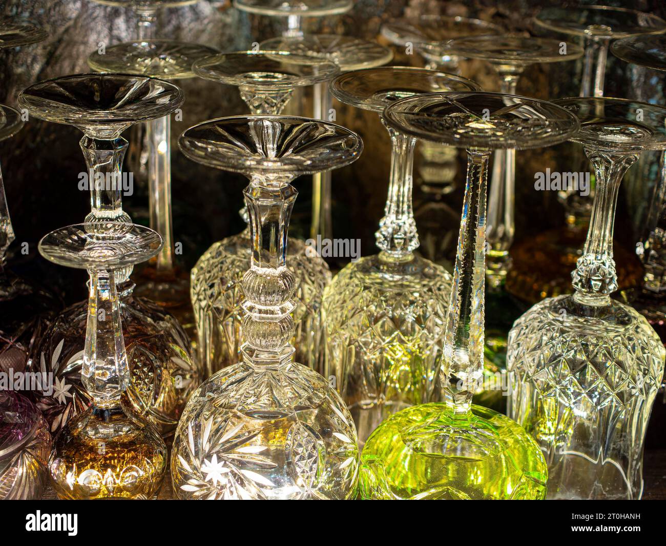 Lead crystal glasses, wine glasses, champagne glasses, colourful in old ...