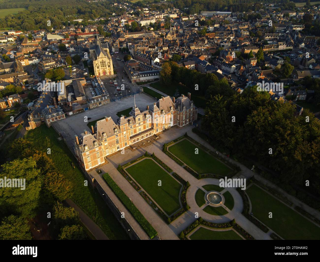 Aerial view, Eu Castle and Collegiale Notre Dame Church, Eu near Le ...